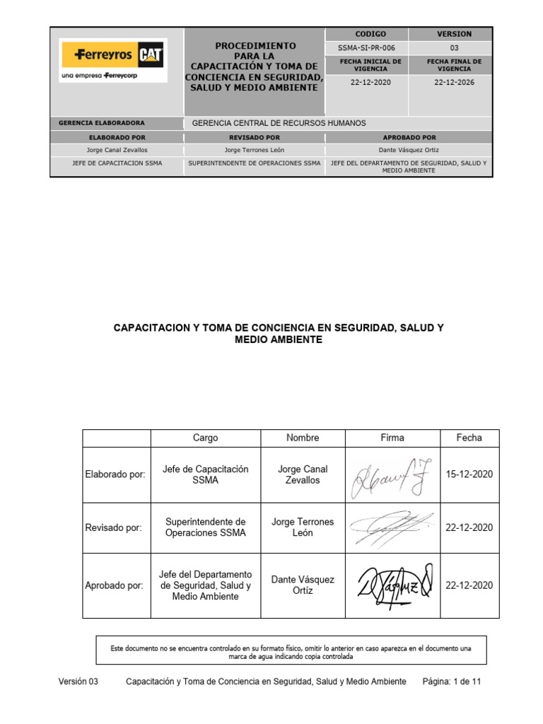 Ssma Si Pr 006 Procedimiento Para La Capacitación Y Toma De Conciencia En Ssma Pdf Clase 