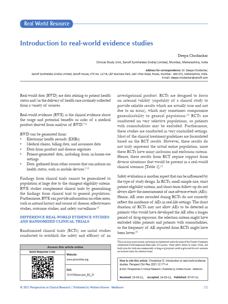 Chodankar2021 Real World Evidence Vs RCT | PDF | Randomized Controlled ...