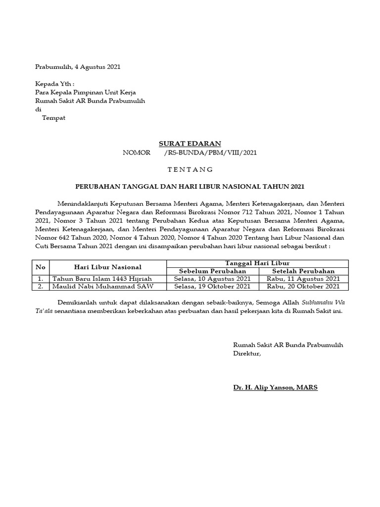 Surat Edaran - Hari Libur | PDF