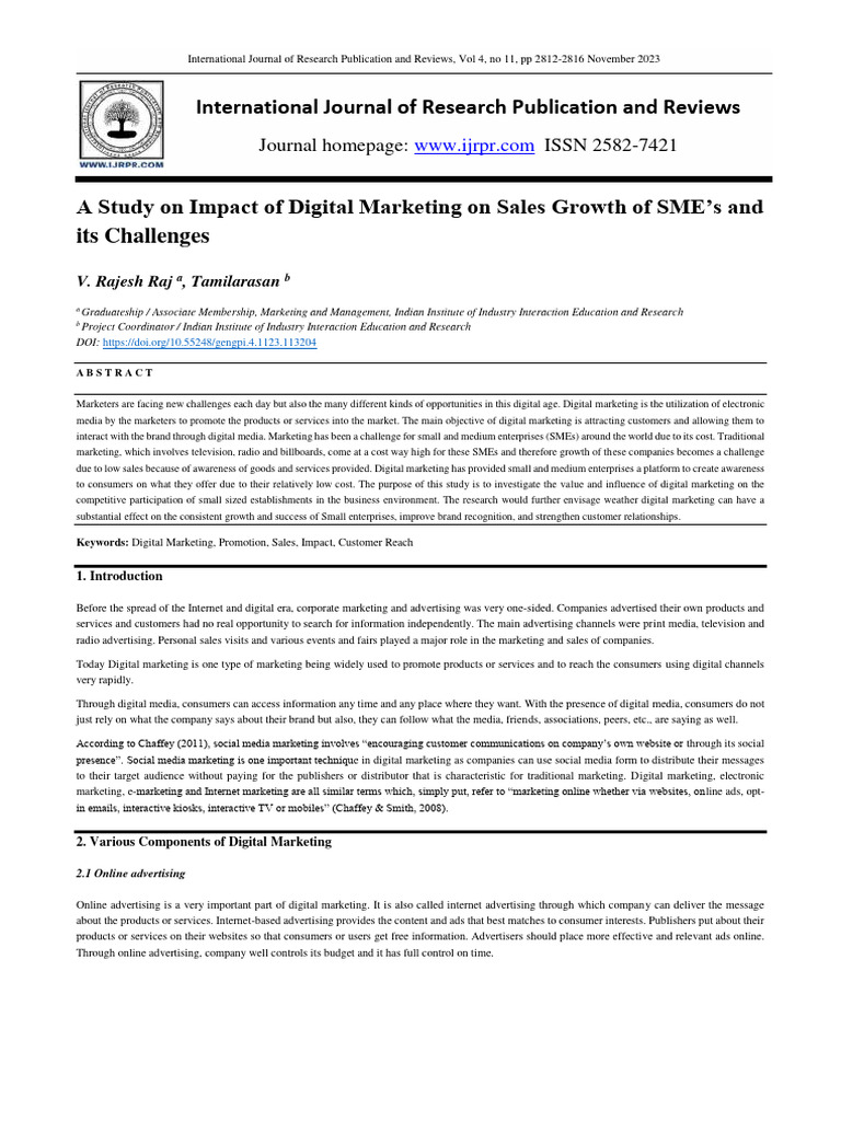 A Study On Impact of Digital Marketing On Sales Growth of SME's and Its ...