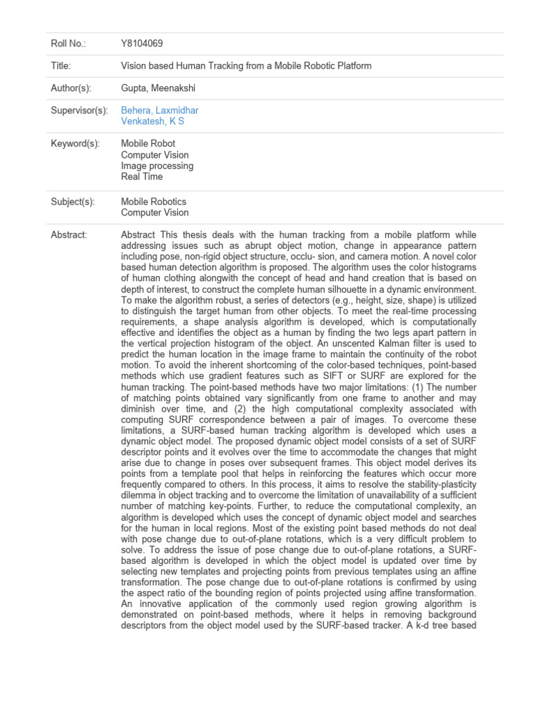 Vision Based Human Tracking From A Mobile Robotic Platform | PDF | Computer Vision | Applied ...