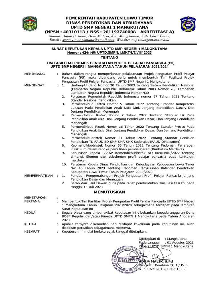 Tim Fasilitasi P5 SMPN 1 Mangkutana | PDF