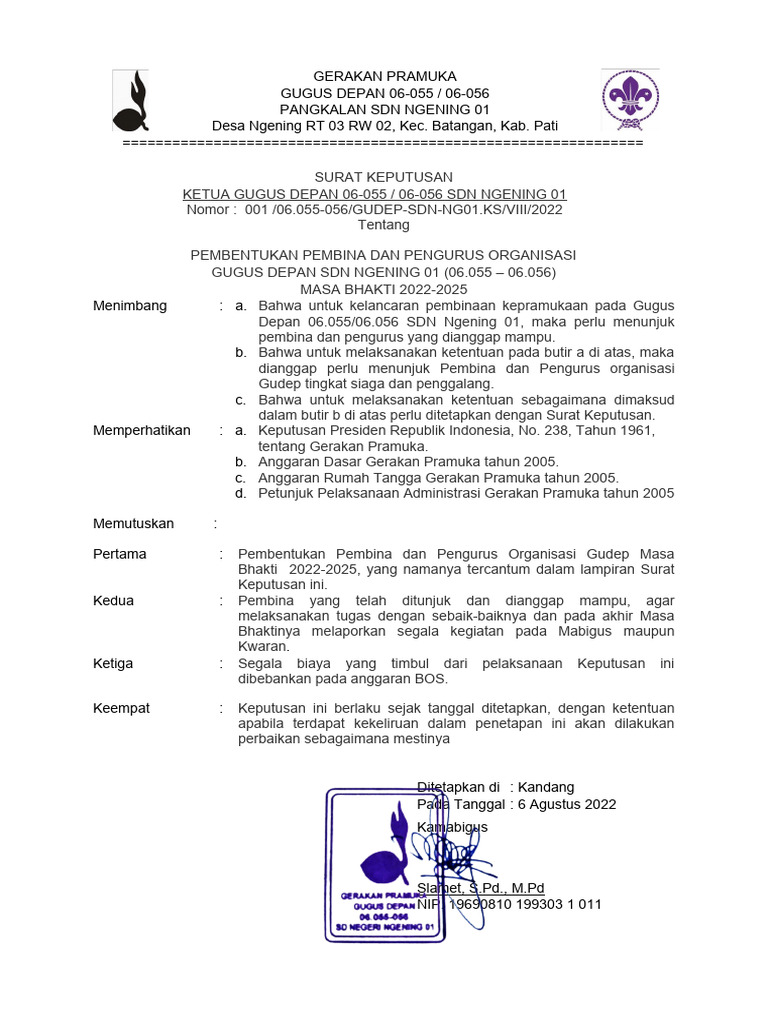SK Pengurus Gugus Depan Pramuka SDN | PDF