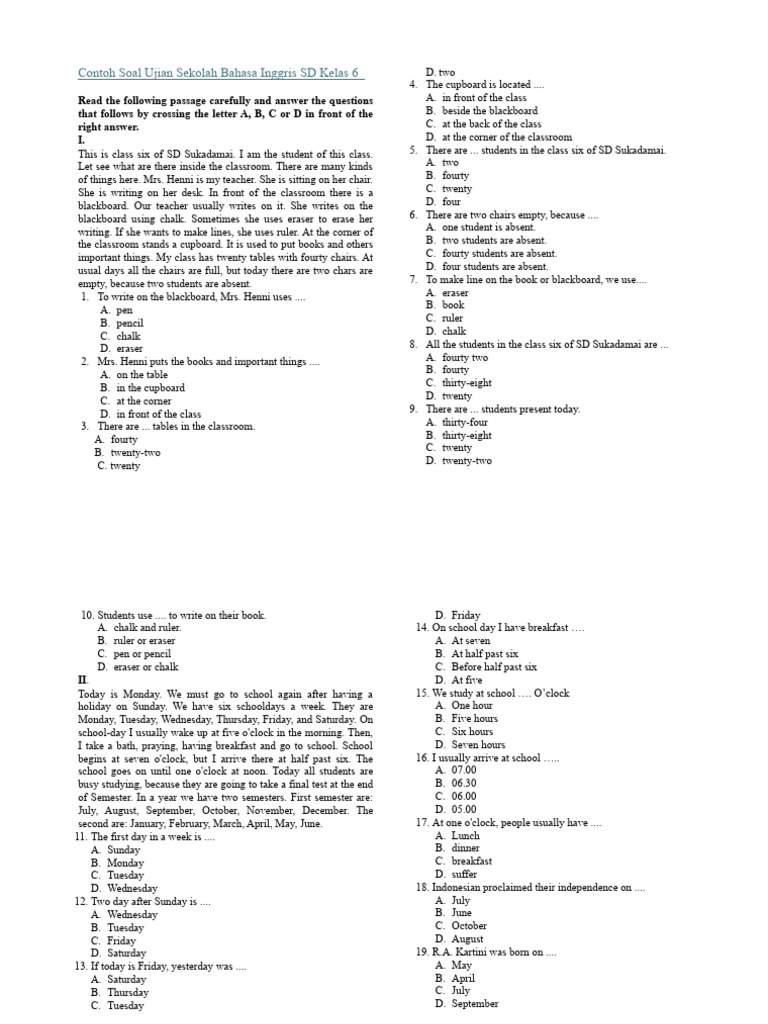 Soal Ujian Bahasa Inggris SD | PDF | Wet Season