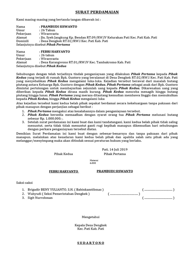 Surat Perdamaian Penganiayaan | PDF