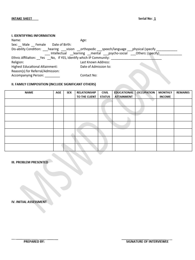 Intake Sheet Serial No | PDF | Disability