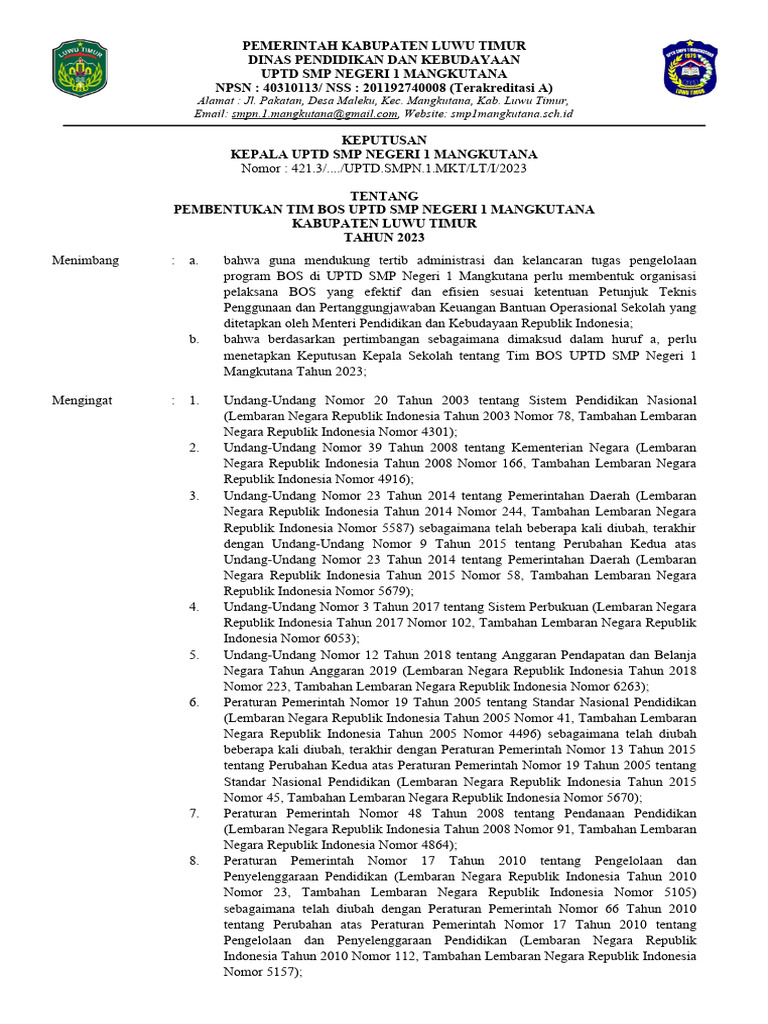 Contoh SK TIM BOS SMP | PDF