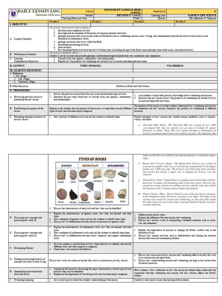 DLL Els Quarter 1 Week 2 | PDF | Rock (Geology) | Geology