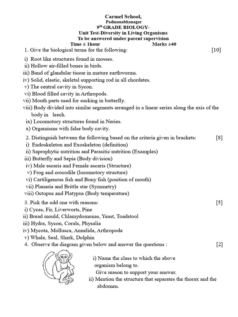 9th UT Diversity of Living Organusms 2023-24 | PDF | Skeleton | Zoology