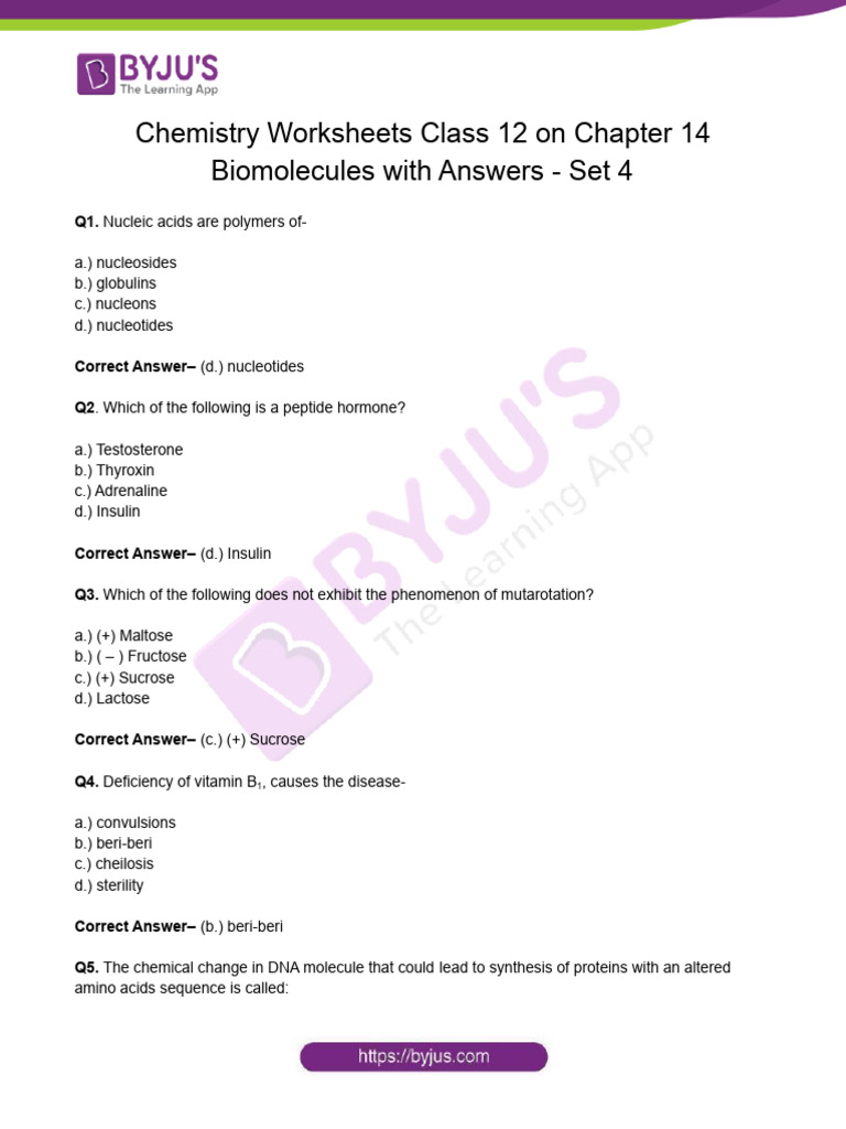 Chapter 14 Biomolecules Worksheet Answers Set 4 | PDF | Nucleic Acids ...