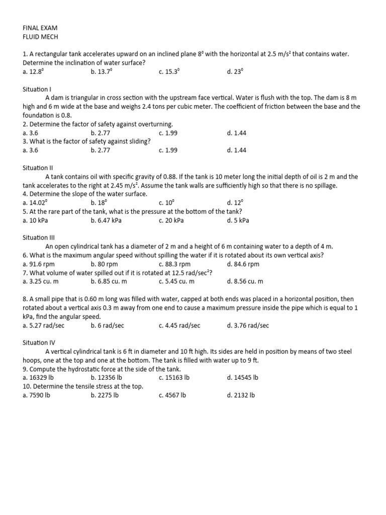 Fluid Mechanics Final Exam | PDF | Pressure | Water
