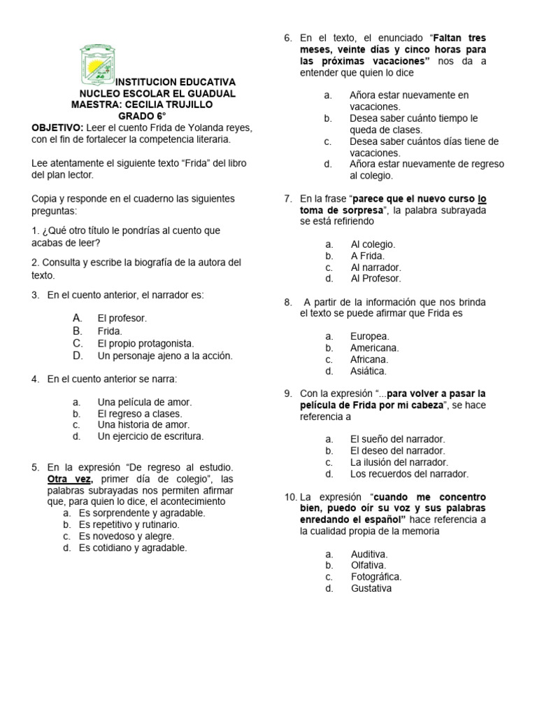Actividades del cuento "Frida" | PDF | Cuentos