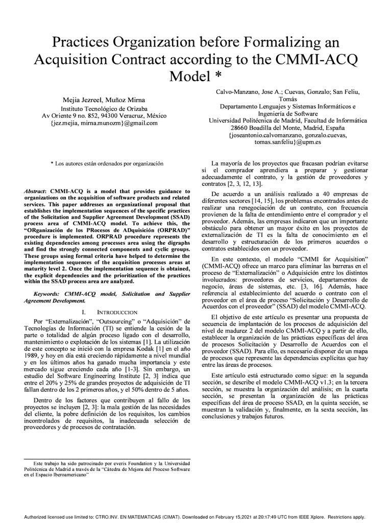 Practices Organization Before Formalizing An Acquisition Contract According To The CMMI-ACQ ...