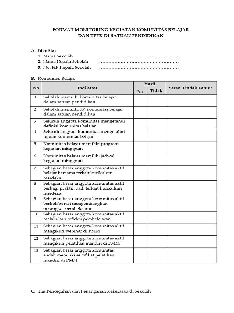 Format Monitoring Kegiatan Komunitas Belajar | PDF | Karier & Perkembangan