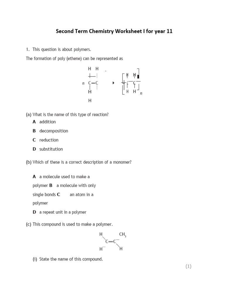 Second Term Chemistry Worksheet I For Year 11 | PDF | Polymers ...