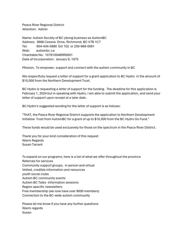 Correspondence - AutismBC Request For Letter of Support | PDF | Autism ...