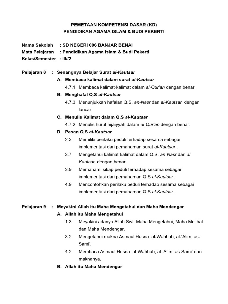 Kelas 3 Pai Pemetaan Ki KD | PDF