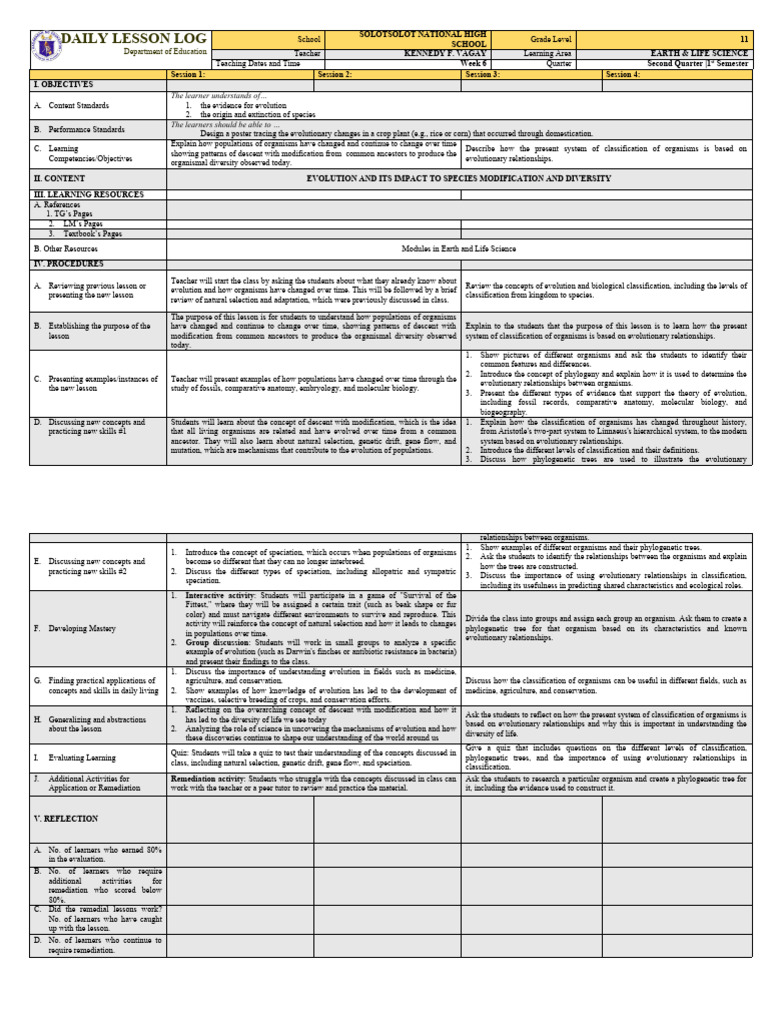 DLL Els Quarter 2 Week 6 | PDF | Evolution | Organisms