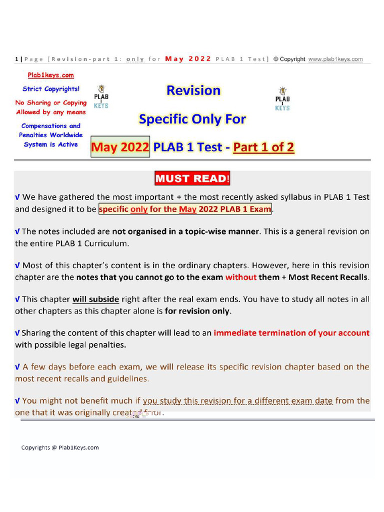 Plabkeys Revision Part 1 for Plab PDF Zyu Dr Notes | PDF