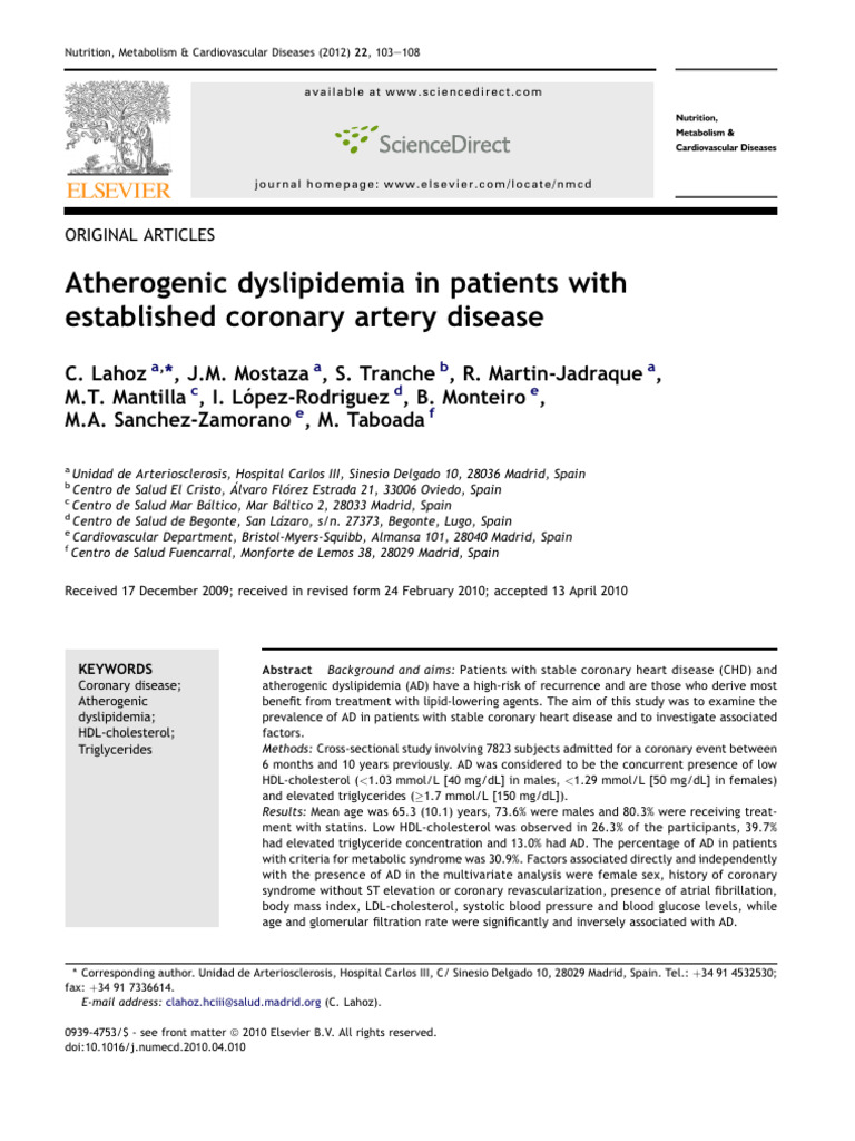 Atherogenic Dyslipidemia in CAD Patients | PDF | Low Density ...