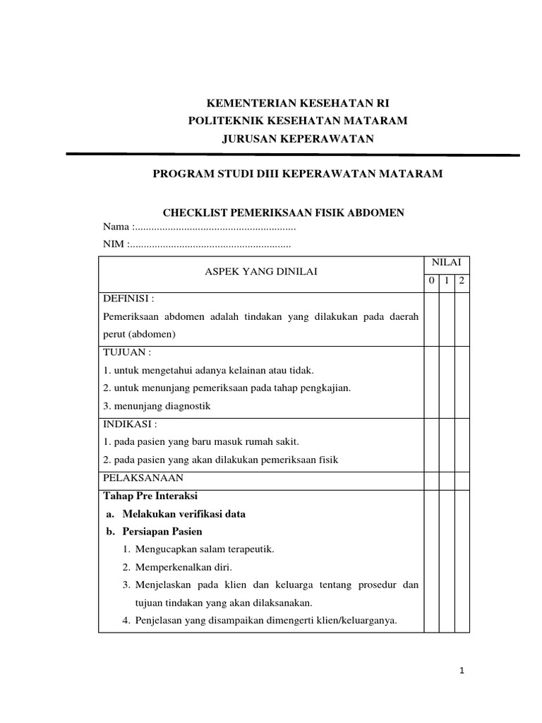 Pemfis Abdomen Cheklist | PDF