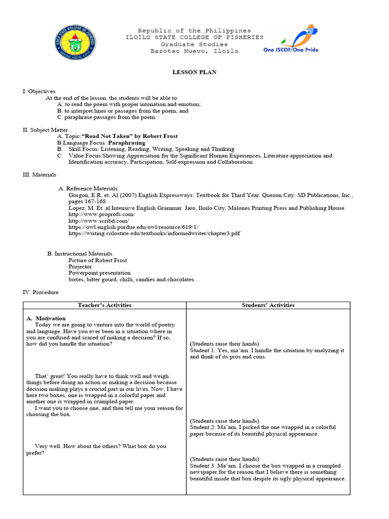 Road Not Taken Lesson Plan For LLT On The Spot | PDF