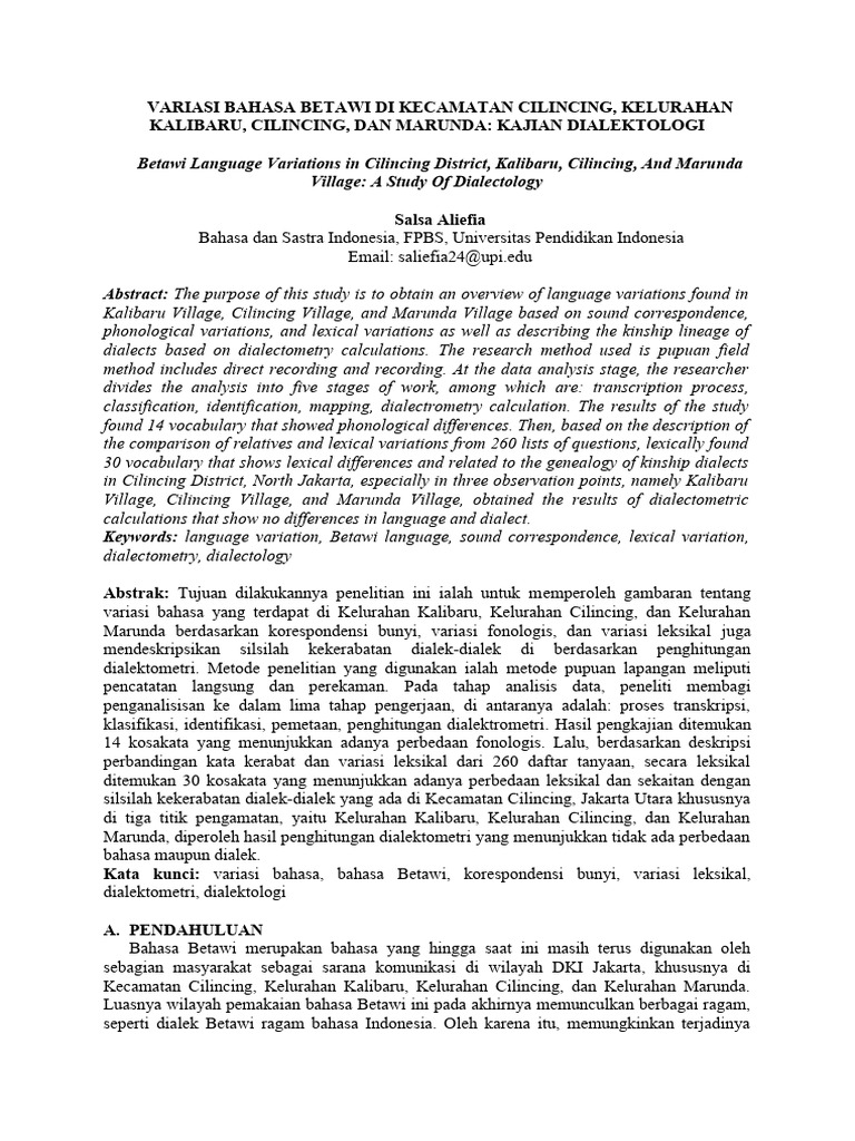 Variasi Bahasa Betawi Di Kecamatan Cilincing, Kelurahan Kalibaru ...