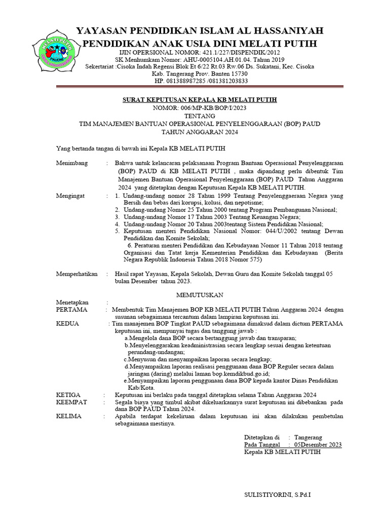 SK & Berita Acara Tim BOSP KB Melati Putih | PDF