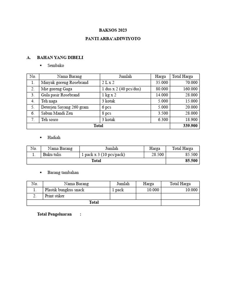 List Sembako Baksos 2023 | PDF