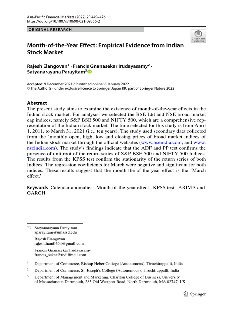 Month of The Year Effect: Empirical Evidence From Indian Stock Market ...