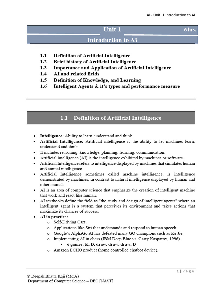 Unit 1 Introduction To AI | PDF | Artificial Intelligence ...