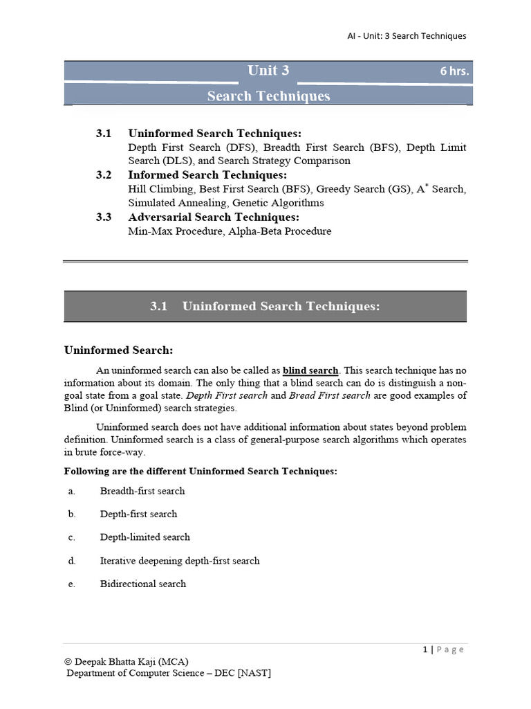 Unit 3 Search Techniques | PDF | Mathematical Optimization | Algorithms And Data Structures