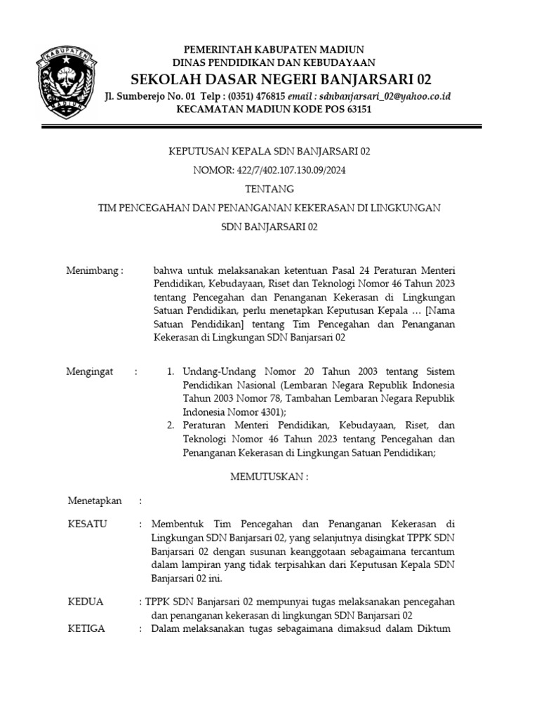 Lampiran 2 - Contoh SK Kepala Satuan Pendidikan Pembentukan TPPK | PDF