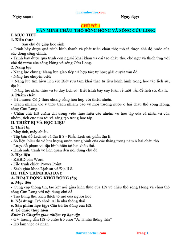 GA Lich Su 8 KNTT Chu de 1 VAN MINH CHAU THO SONG HONG VA SONG CUU LONG | PDF