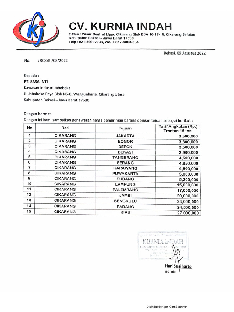 Surat Penawaran Sewa Truck CV KURNIA INDAH | PDF
