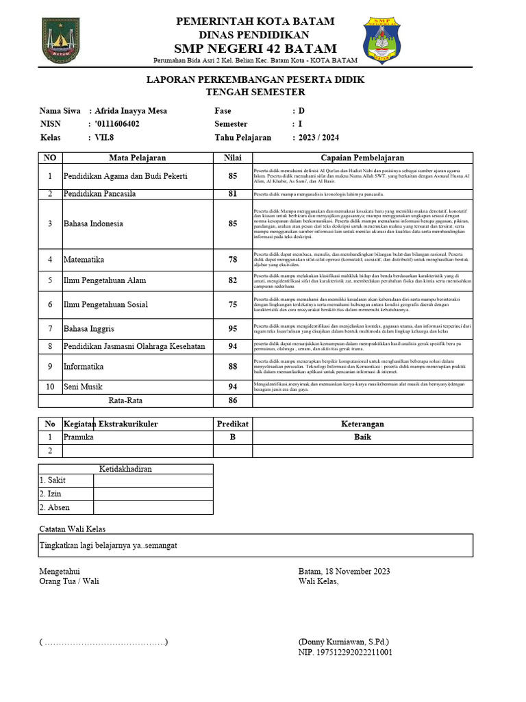 Rapor Sts Ips Kelas 7 TP 2023-2024 | PDF