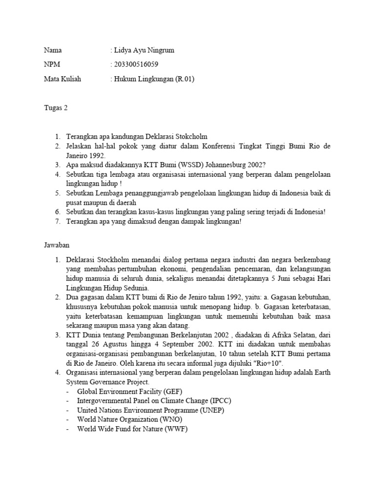 Tugas 2 Hukum Lingkungan (Lidya Ayu Ningrum) | PDF | Politik | Hukum