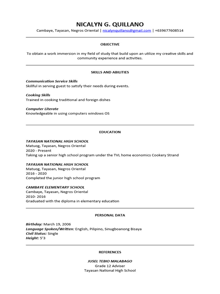 Work Immersion Resume of Nicalyn Quillano | PDF | Social Science ...