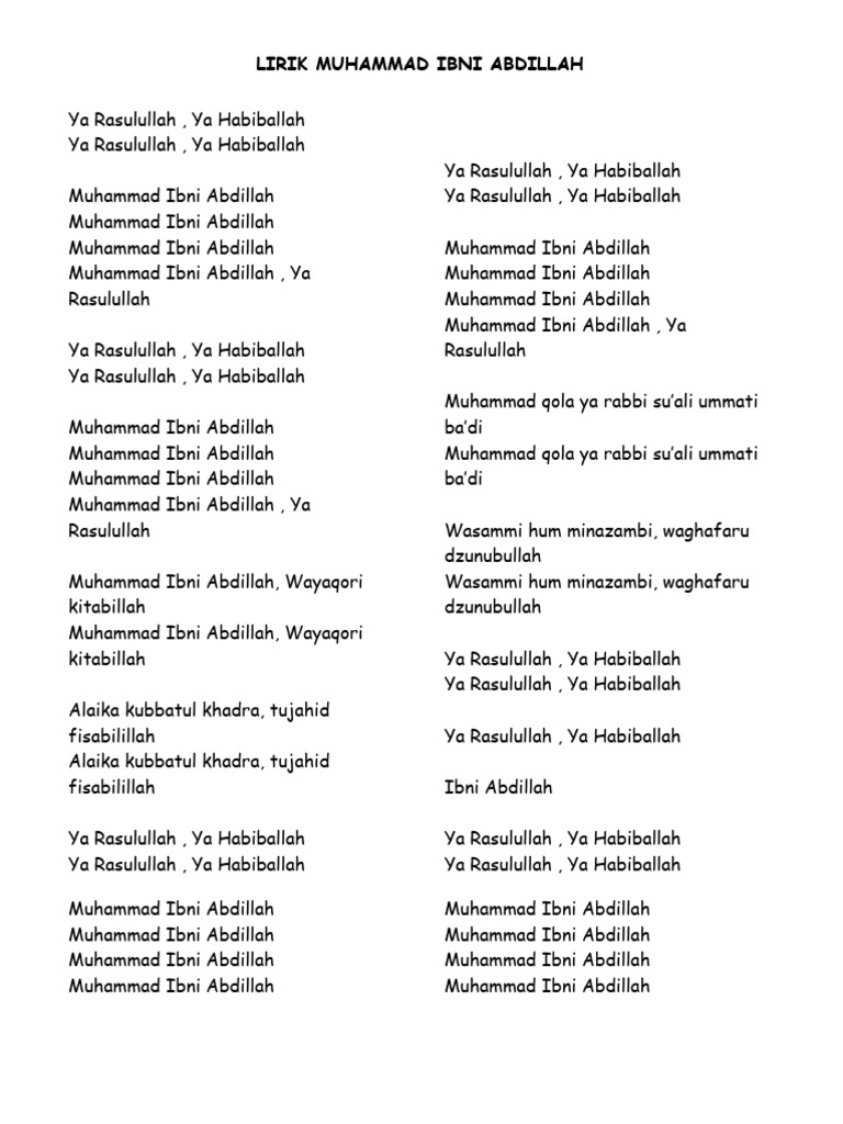 Lirik Muhammad Ibni Abdillah | PDF