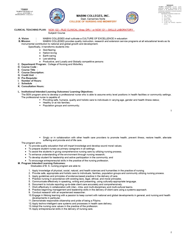 RLE SKILLS LAB Clinical Teaching Plan Jan. 2024 | PDF | Nursing | Learning