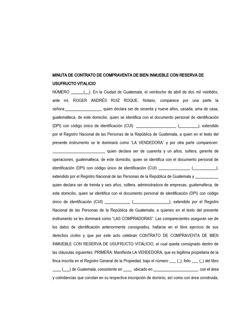 Minuta de Contrato de Compraventa de Bien Inmueble Con Reserva de Usufructo Vitalicio | PDF ...