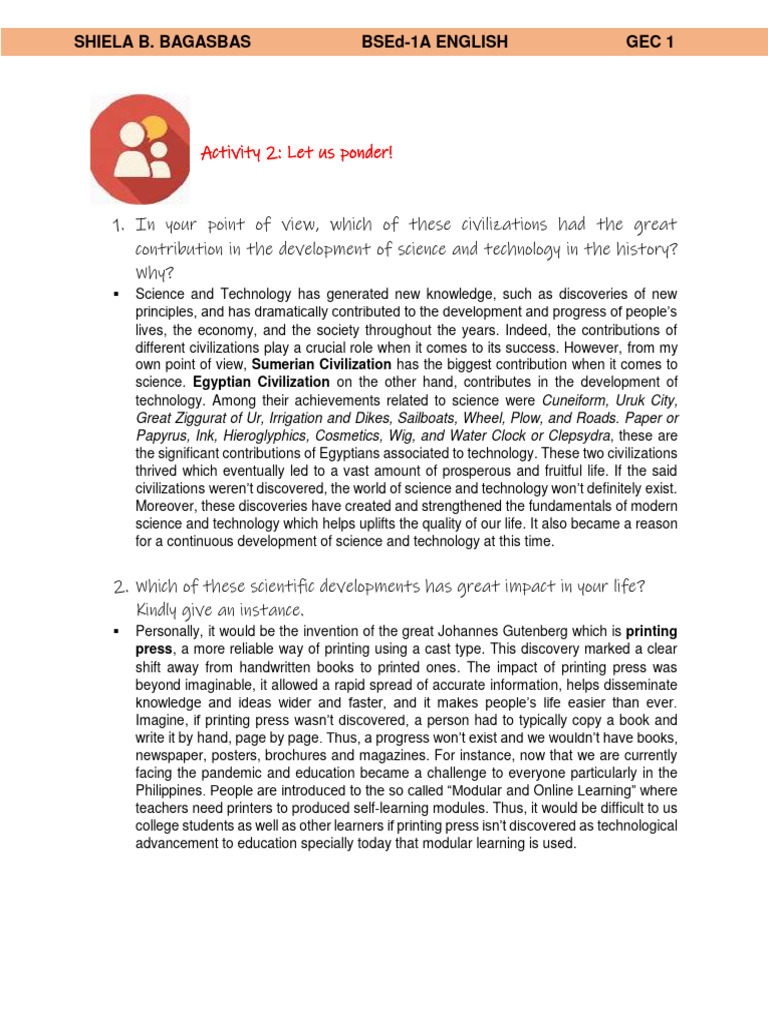 Activity 2 (Shiela B. Bagasbas Bsed-1a English) Gec 1 | PDF | Science | Printing Press