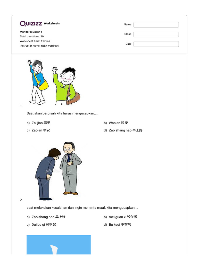 Mandarin Dasar 1 Quizizz Pdf