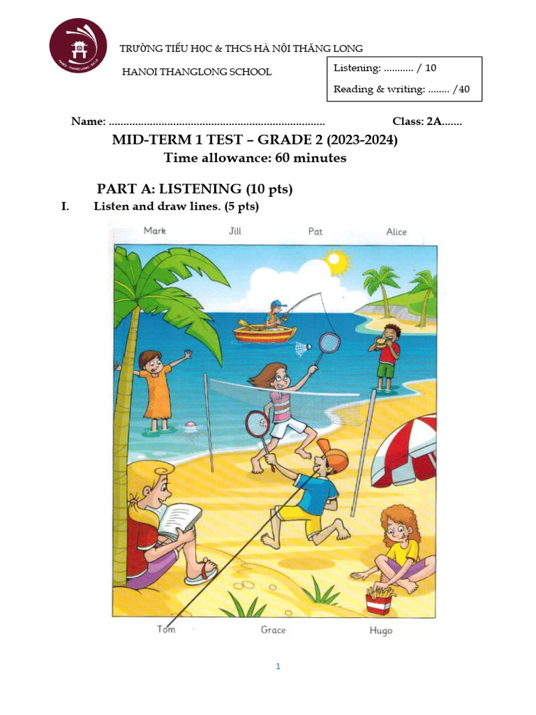 G2 Midterm 1 Listening Reading Writing (2023-2024) | PDF