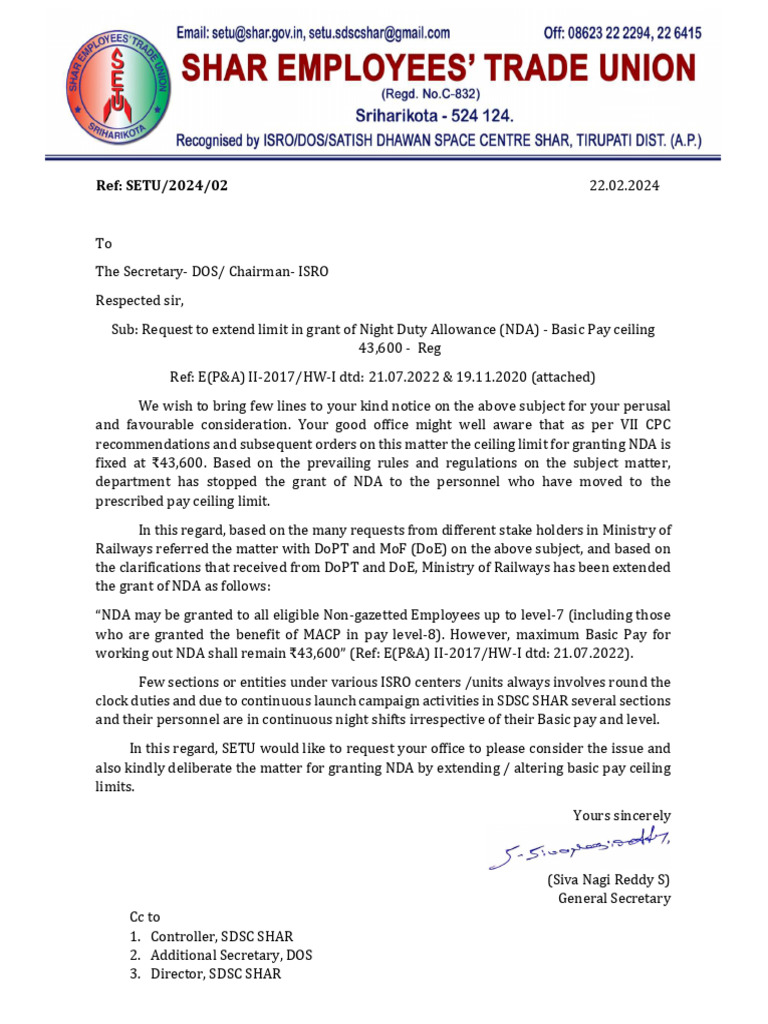 Request to Raise Night Duty Allowance Ceiling | PDF | Business ...
