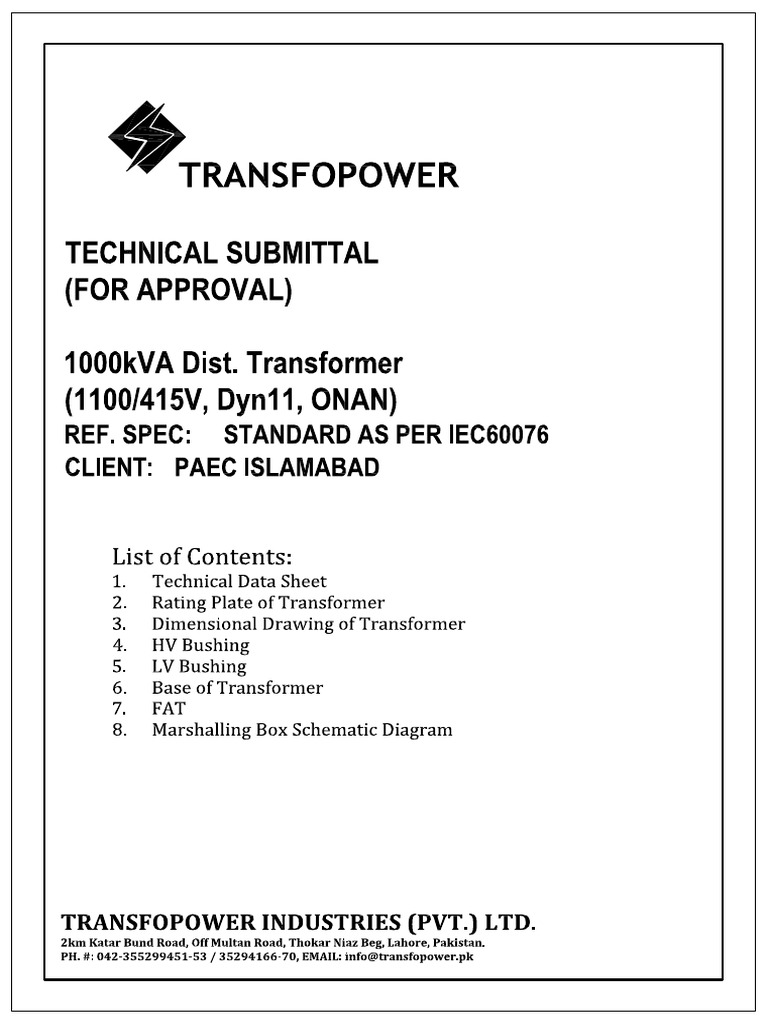 Technical Submittal 1000kVA PAEC | PDF | Transformer | Power Engineering