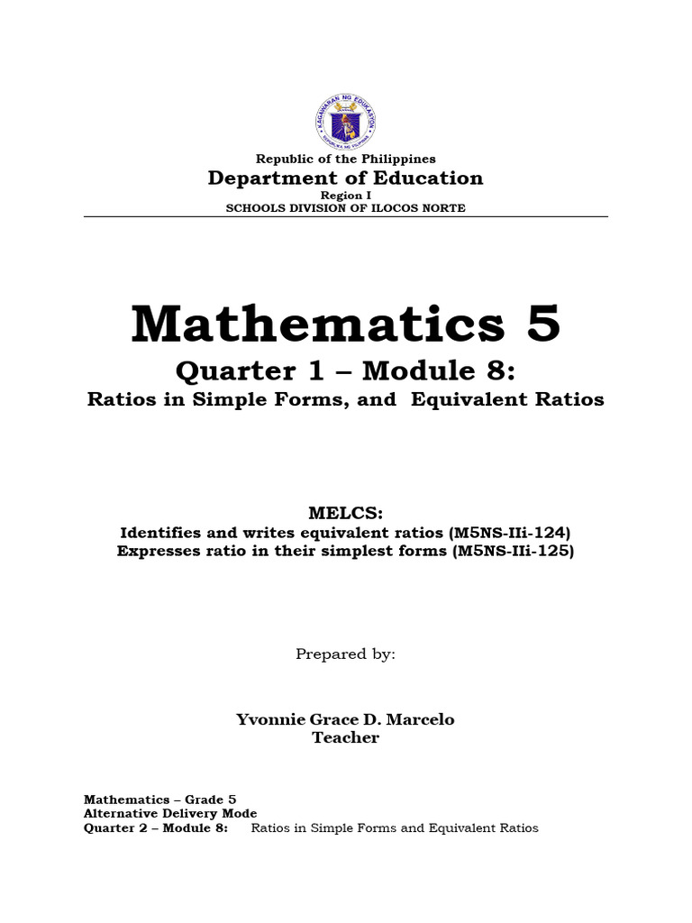 Mathematics 5 Quarter 2 Module 8 Editted WLP Final Martina Agullana | PDF | Ratio | Arithmetic