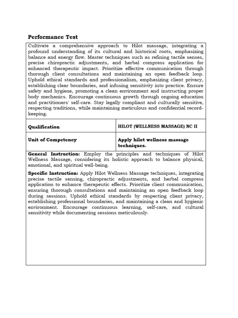 Tesda Performance Test | PDF | Career & Growth | Wellness