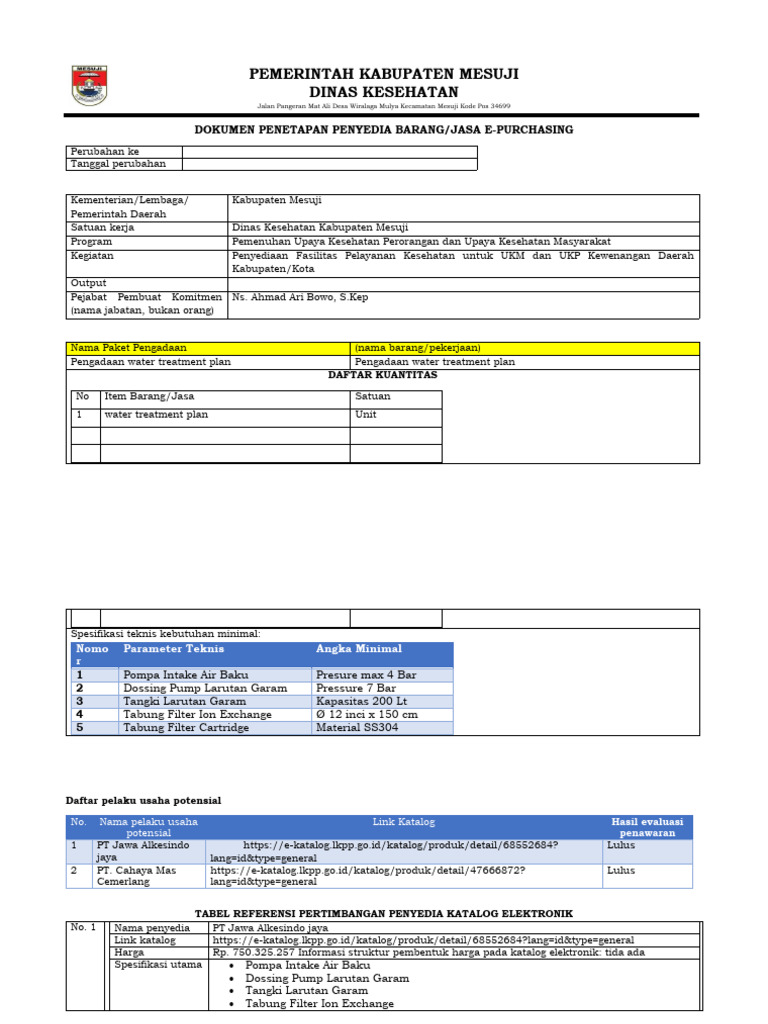 Form 3 Dokumen Penetapan Penyedia WTP | PDF