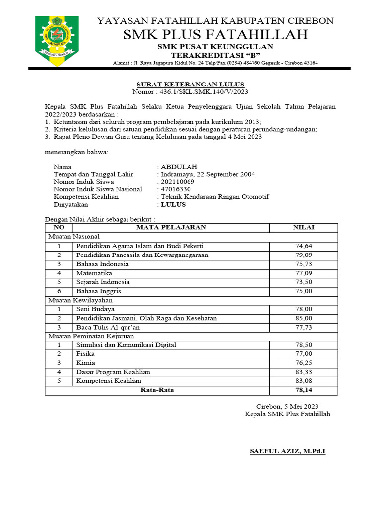 Surat Keterangan Lulus SMK Fatahillah | PDF